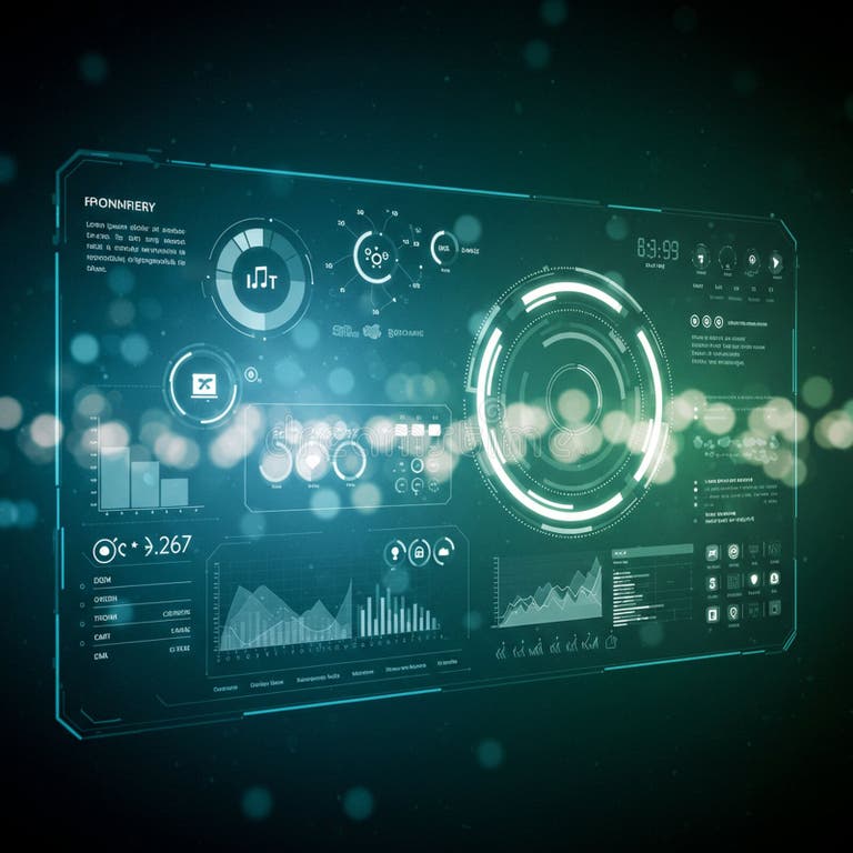 Futuristic Digital Interface with Various Data Visualizations and Controls. Features Stock ...