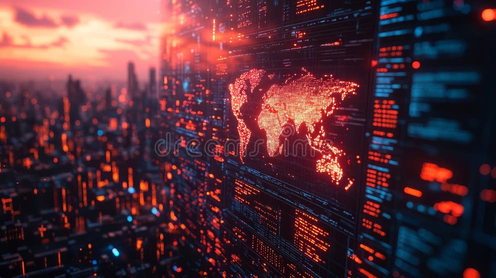 Futuristic Digital Interface with World Map and Glowing Data, Ideal for ...