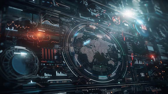 Futuristic Digital Interface with a World Map, Glowing Lights, and Data ...