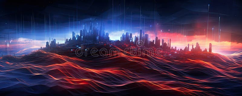 Futuristic Digital Landscape with Abstract Shapes and Glowing Lines ...