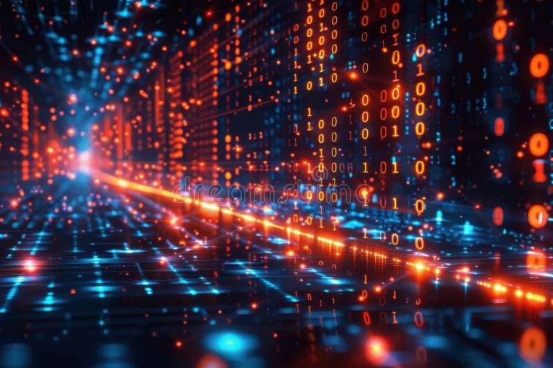 Futuristic Digital Landscape with Binary Code, Neon Lights, and Virtual ... Futuristic Digital Landscape with Binary Code, Neon Lights, and Virtual ...