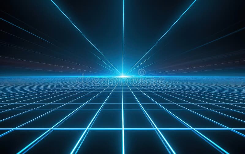 Futuristic Digital Landscape with Blue Grid Lines and Glowing Rays ...