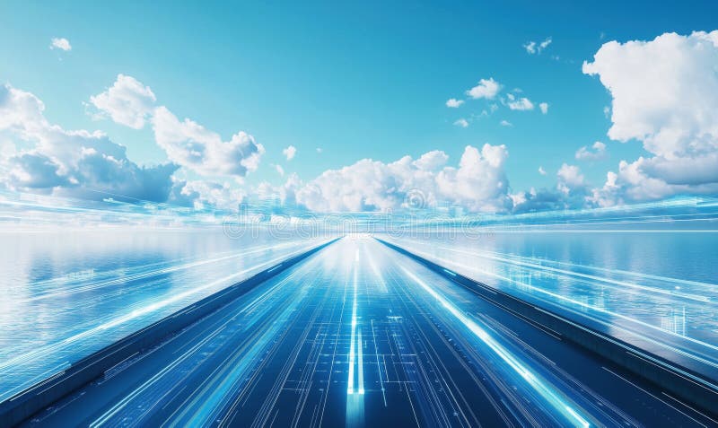 Futuristic Digital Landscape with Blue Sky and Clouds, Depicting Speed ...