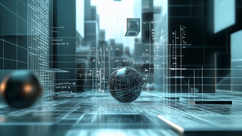Futuristic Digital Landscape with 3D Objects and Mathematical Formulas ...
