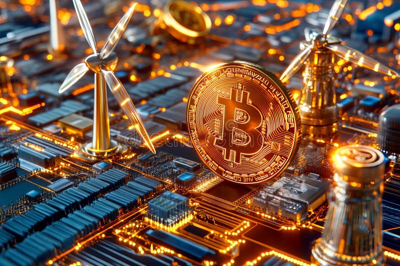 Futuristic Digital Landscape Featuring Bitcoin Coin Surrounded by ...