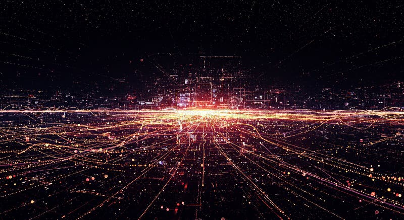 Futuristic Digital Landscape Featuring a Complex Network of Glowing ...