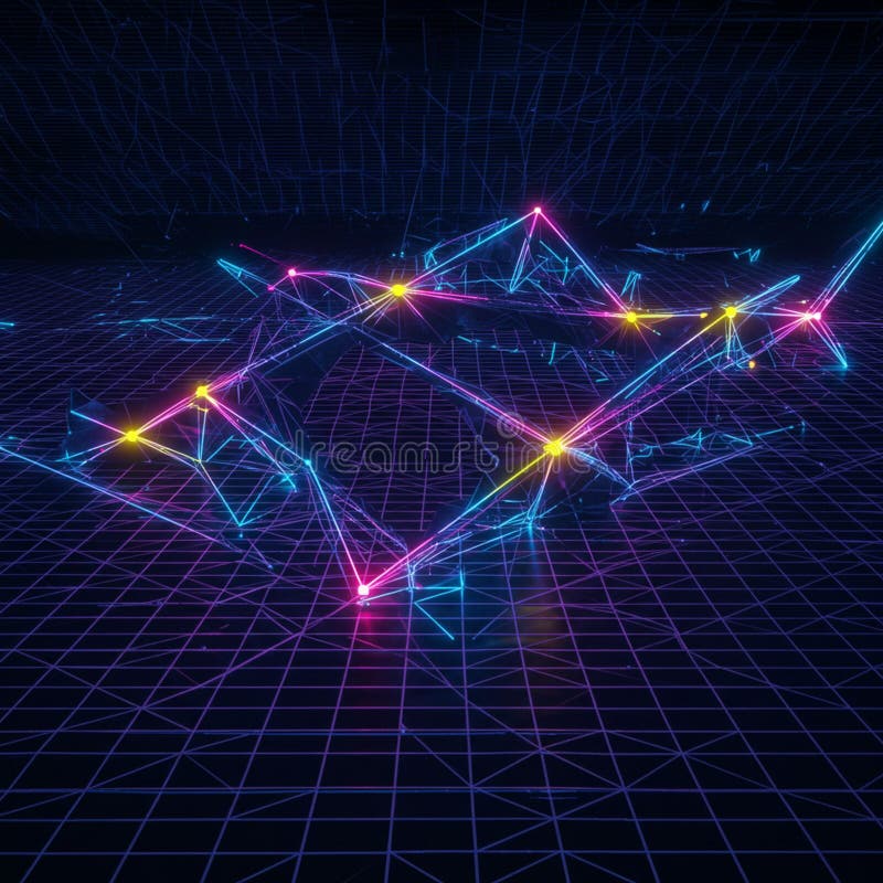 A Futuristic Digital Landscape Featuring a 3D Grid Pattern with an Array of Stock Illustration ...