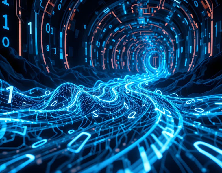 A Futuristic 3D Concept Image of a Binary Stream Flowing through a ...