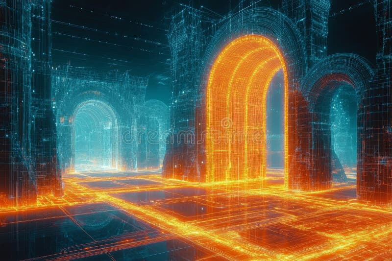 Futuristic Digital Landscape Featuring Glowing Arches and a Grid-like ...