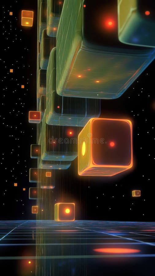 A Futuristic Digital Landscape Featuring Glowing Cubes in a Cosmic ...