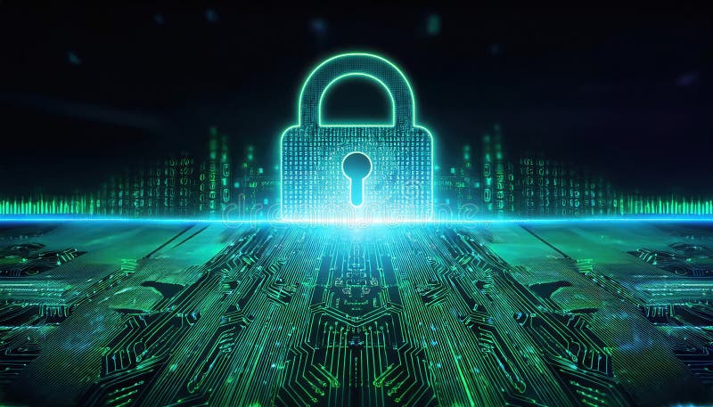 Futuristic Digital Landscape Featuring Glowing Secure Vault, Digital ...