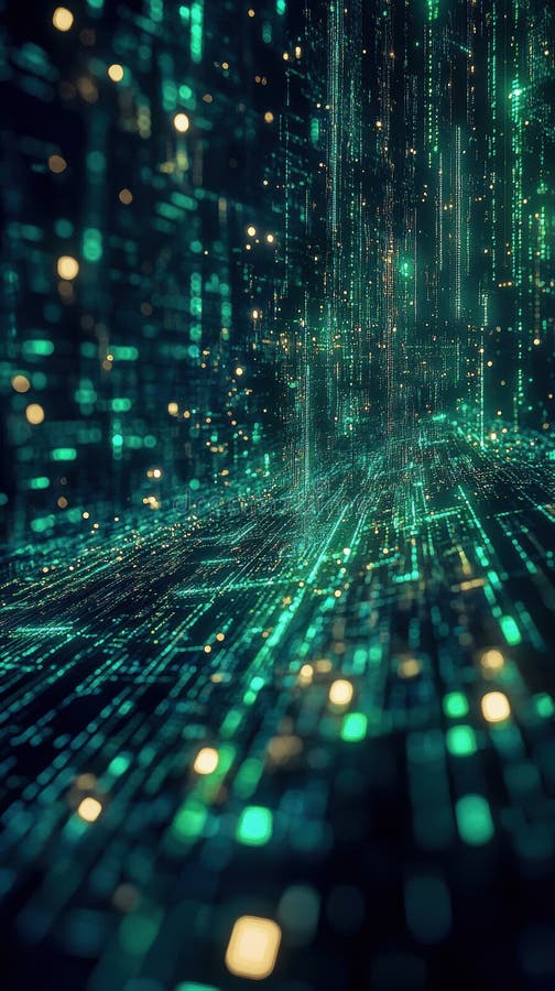 Futuristic Digital Landscape Featuring Green and Blue Tech-inspired ...