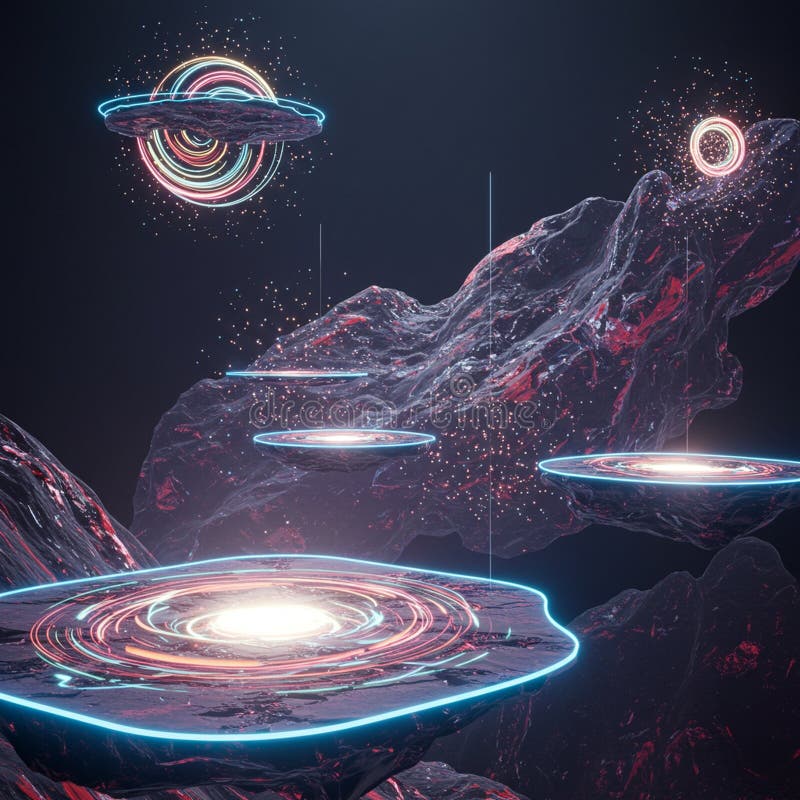 Futuristic Digital Landscape Featuring Hovering Platforms with Luminous ...