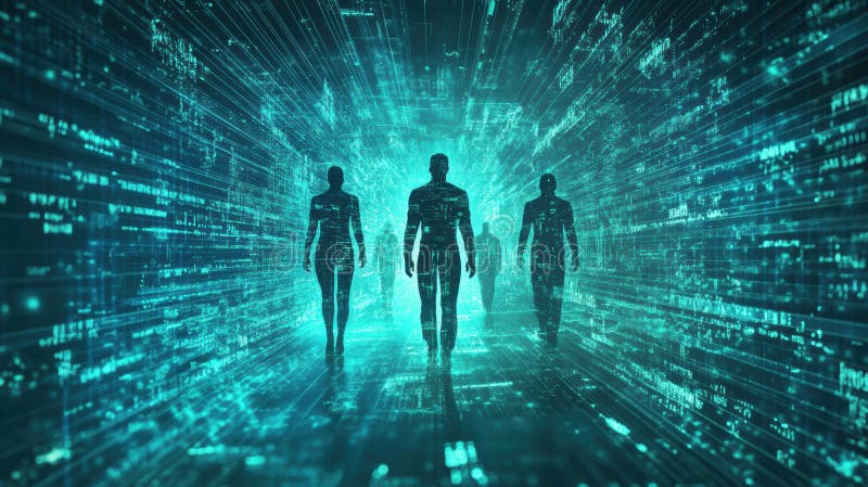 Futuristic Digital Landscape Featuring Human Silhouettes and Floating ...