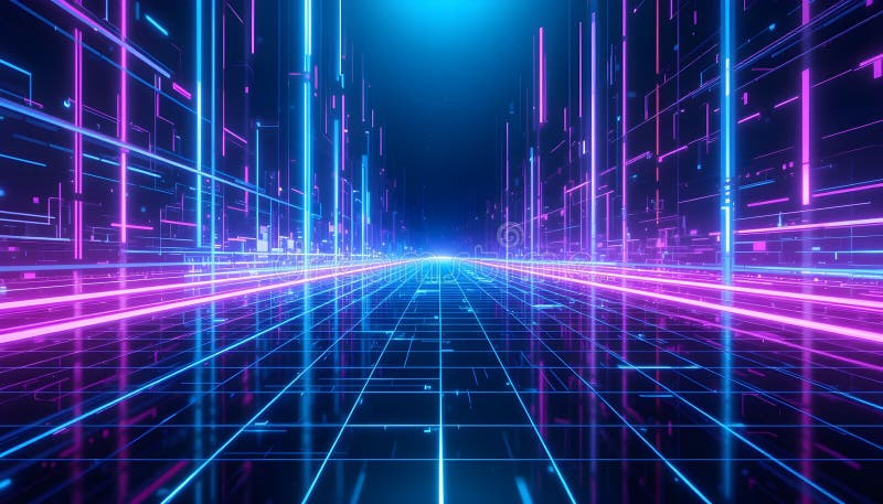 Futuristic Digital Landscape Featuring a Neon-lit Grid Pattern. Stock ...