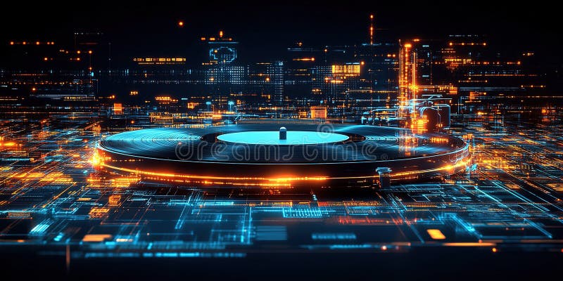 Futuristic Digital Landscape Featuring a Vinyl Record on a Glowing ...