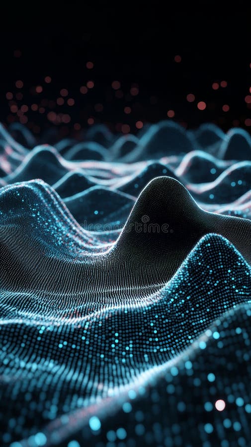 Futuristic Digital Landscape with Glowing Blue and Pink Dots Stock ...