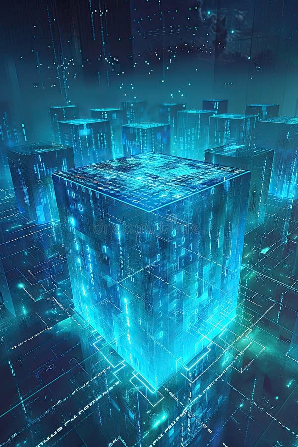 Futuristic Digital Landscape with Glowing Data Blocks Stock Image ...