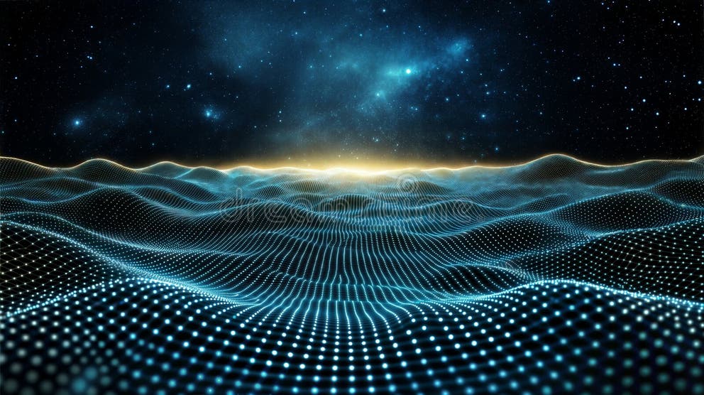 Futuristic Digital Landscape with Glowing Data Waves and Starry Sky ...