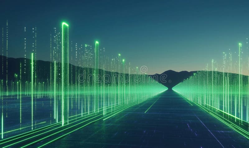Futuristic Digital Landscape with Glowing Green Lines and Mountains at ...