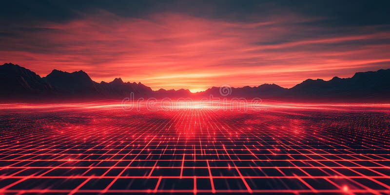 A Futuristic Digital Landscape with a Glowing Horizon and Neon Elements ...