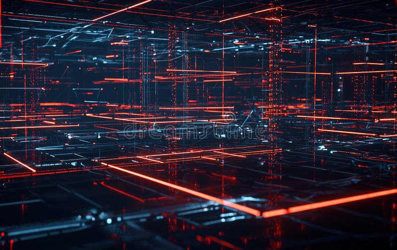 Futuristic Digital Landscape with Glowing Red and Blue Grid Patterns in ...