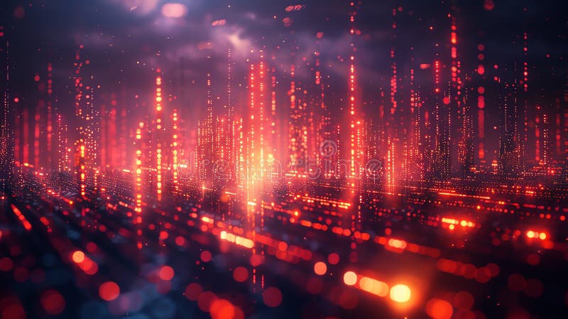 Futuristic Digital Landscape with Glowing Red and Orange Light Streaks ...