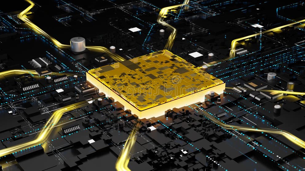 Futuristic Digital Landscape, a Golden Microchip is Surrounded by ...