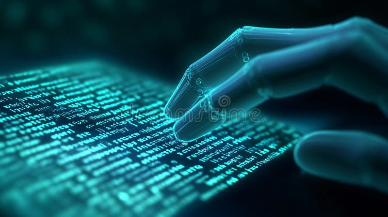 Futuristic Digital Landscape with a Hand Interacting with Glowing Code ...