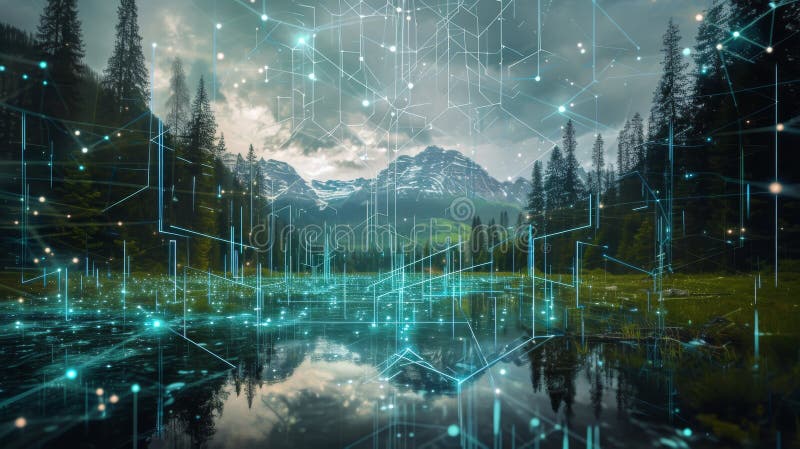 Futuristic Digital Landscape with Holographic Data Overlay Stock Photo ...