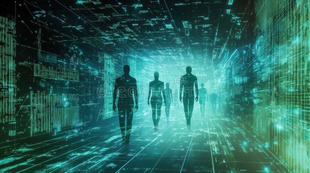 Futuristic Digital Landscape with Human Silhouettes and Floating Matrix ...