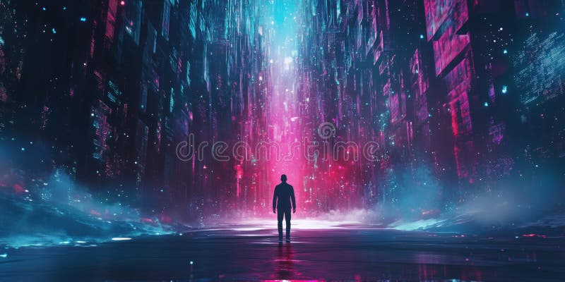 Futuristic Digital Landscape with Lone Figure in Vibrant Neon Colors ...