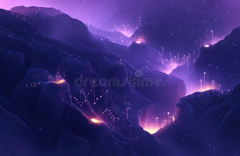 Futuristic Digital Landscape with Neon Glowing Elements and 3D Terrain ...