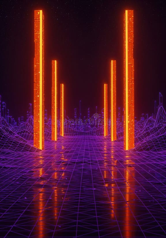 Futuristic Digital Landscape with Neon Grid and Glowing Data Pillars ...