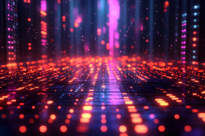 Futuristic Digital Landscape with Neon Lights and Data Matrix Concept ...