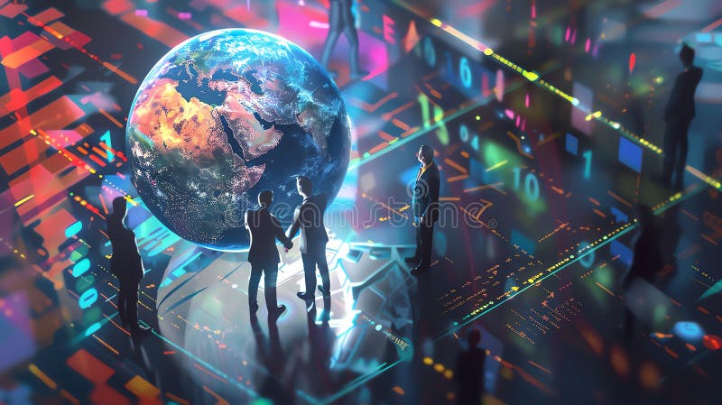 Futuristic Digital Landscape with People and Earth Globe. Concept of ...