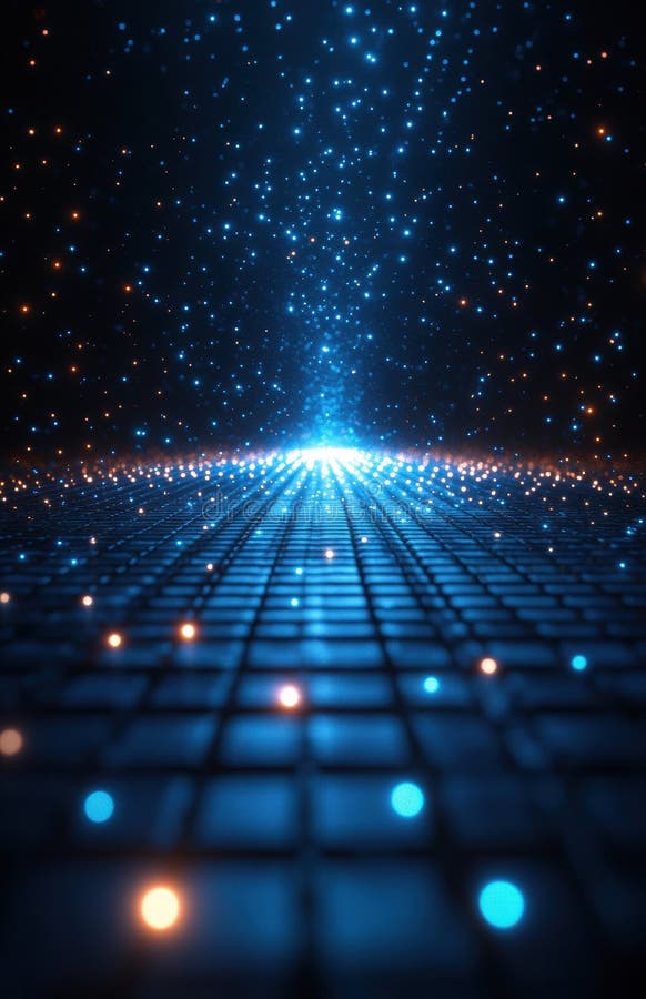 Abstract Digital Landscape with Glowing Blue Light Rays and Particles ...