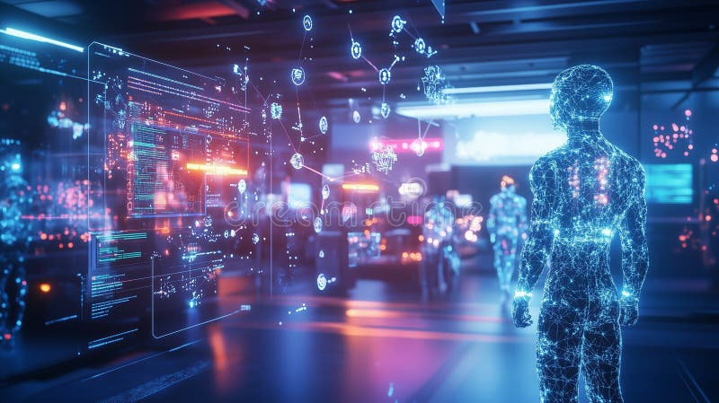 A Futuristic Digital Landscape Showcasing a Holographic Figure ...