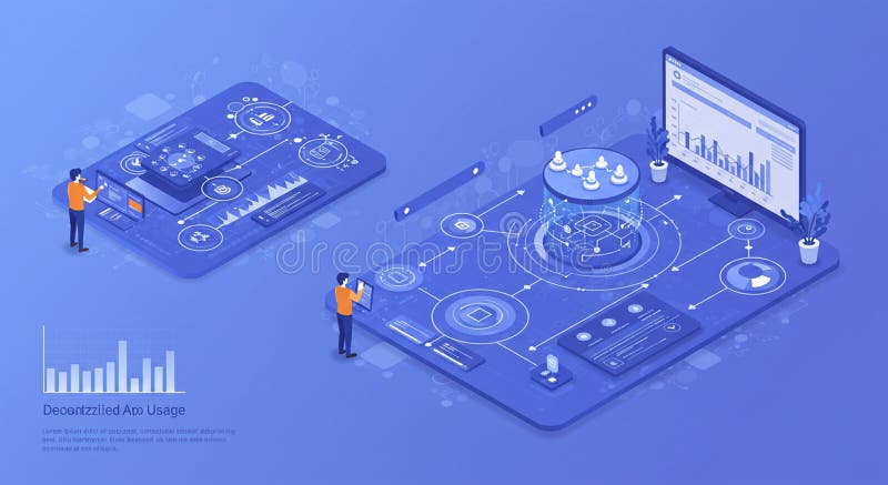 Futuristic Digital Landscape with Two Male Figures Interacting with ...