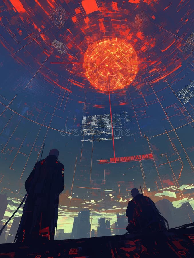 Futuristic Digital Landscape with Two Silhouetted Figures Under a ...