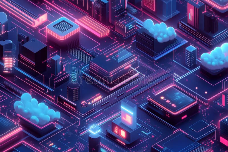 Futuristic Digital Landscape Vibrant Neon Glow Cloud Computing Stock Illustration - Illustration ...