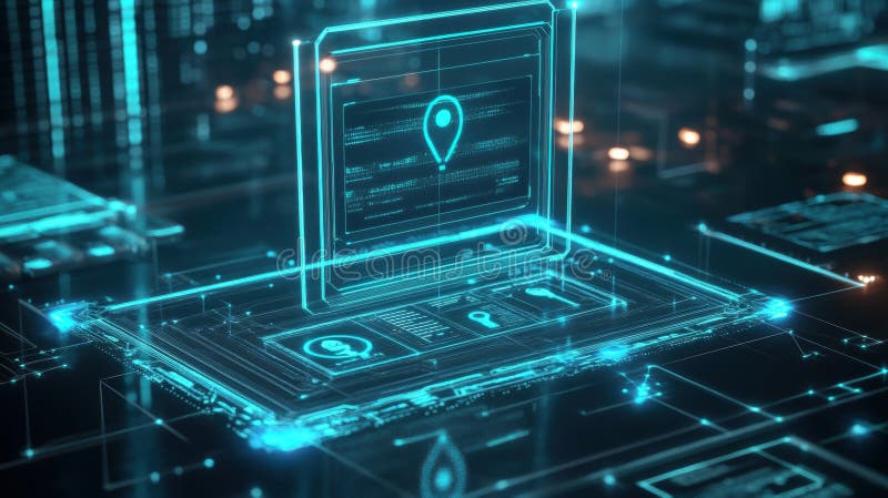 Futuristic Digital Laptop with Glowing Interface and Location Icon ...