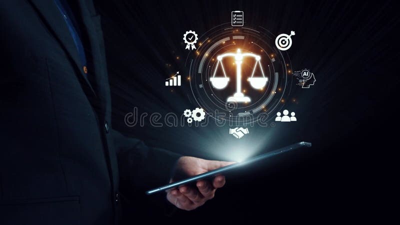 Digital Law Interface Displaying Justice Scale, Highlighting Digital ...