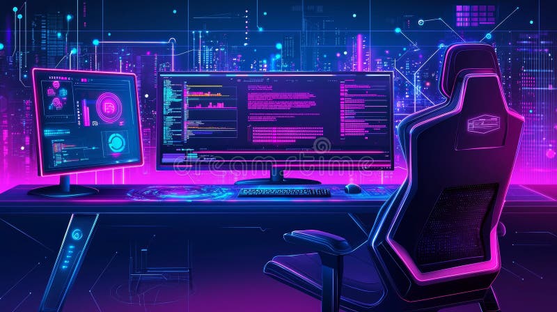 Futuristic Digital Learning Environment with Dual Monitors and Neon ...