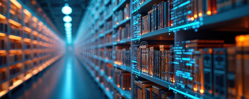 Futuristic Digital Library with Bookshelves. Glowing Virtual Landscape, Infinite Data, Knowledge ...