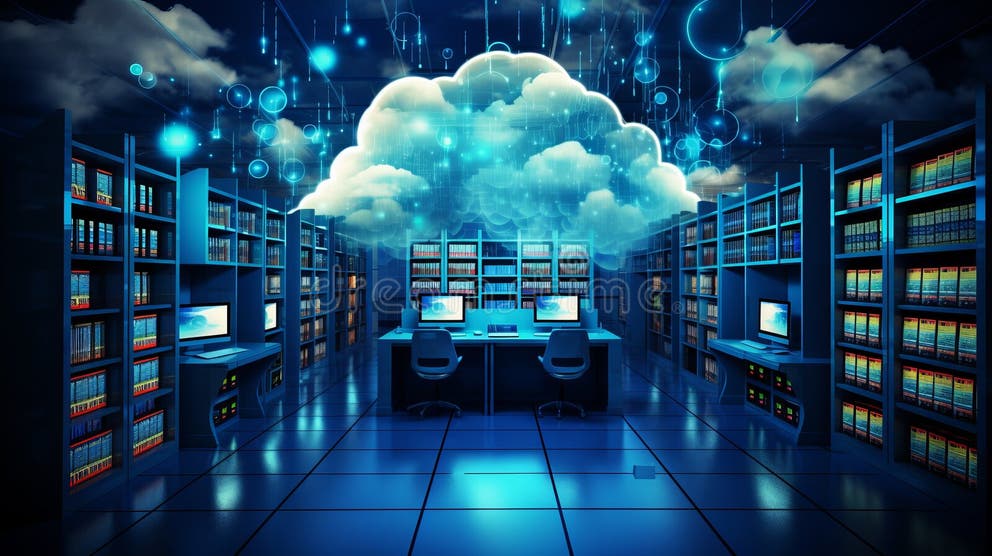 A Futuristic Digital Library Filled with Blue Cloud Technology and ...