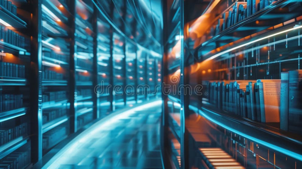 Futuristic Digital Library with Glowing Blue Lights Stock Image - Image ...