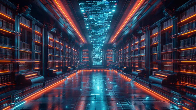 Futuristic Digital Library with Neon Lights - Generative AI Stock ...
