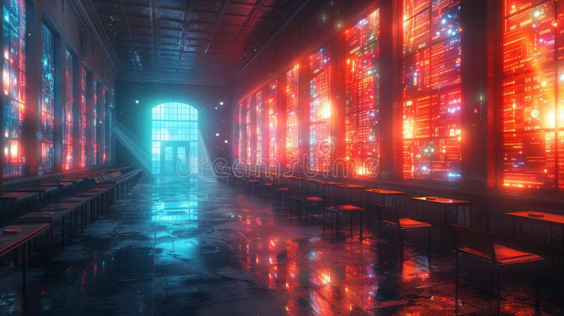 Futuristic Digital Library with Neon Lights - Generative Ai Stock Illustration - Illustration of ...