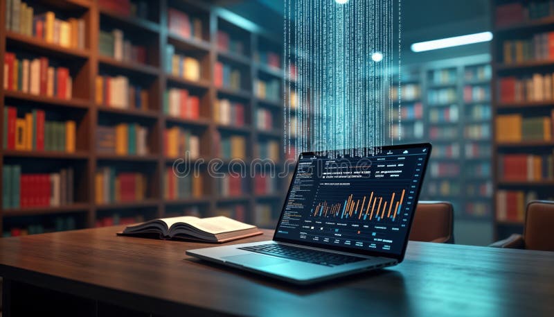 Futuristic Digital Library Setting. Laptop Computer Displays Data ...